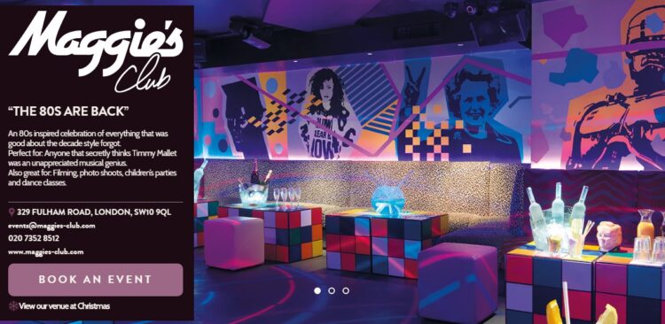 Discotecas años 80 Maggie´s club Londres. Entra y descubre más. 2020